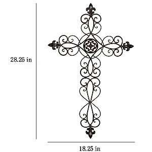 Retrome 28" H Metal Cross Wall Decor for Home, Fleur-De-Lis Accents, Dark Bronze