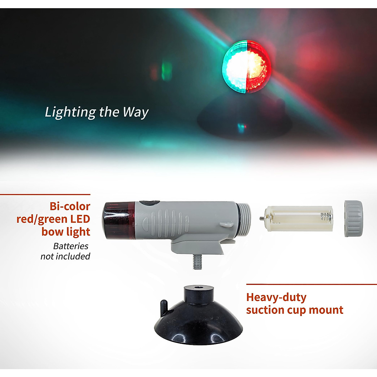 Pactrade Marine Boat Navigation Lights - Battery Powered Portable LED Red Green Bow Light (Suction Cup Mount) | Battery Operated Boat Lights, Kayak Lights for Night Kayaking