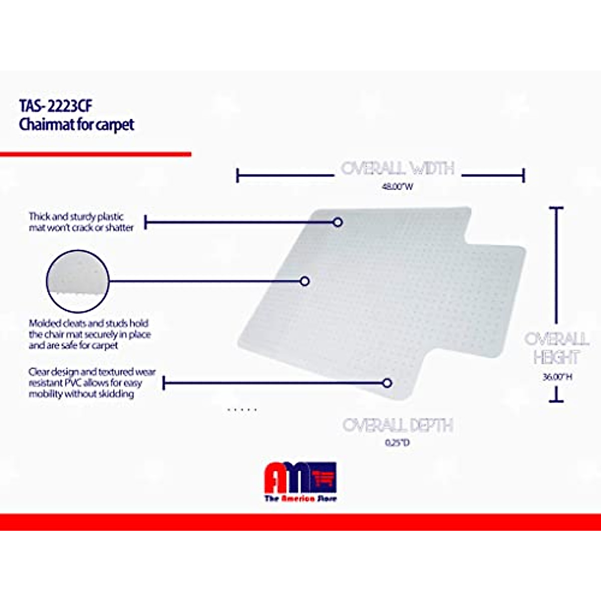 AM The America Store Chair Mat for Carpet - Computer Desk Mat for Carpeted Floors - Easy Glide Rolling Plastic Mat for Office Chair on Carpet for Work, Home, Gaming with Extended Lip (36” x 48”)