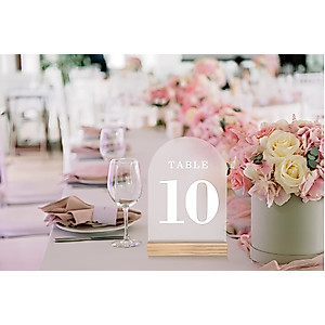 Frosted Arch Wedding Table Numbers with Wooden Stands Holders, 5x7" Acrylic Signs and Holders, Perfect for Centerpiece, Reception, Decoration, Party, Anniversary, Event (Frosted White Font, Number 1-20)