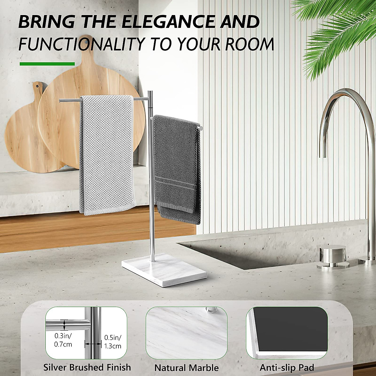 Luxspire Marble Hand Towel Holder, Free Standing Hand Towel Stand, 𝙉𝙖𝙩𝙪𝙧𝙖𝙡 Marble Base Countertop Towel Stand Stainless Steel Swivel Towel Rack for Bathroom Kitchen Countertop, F-Shape