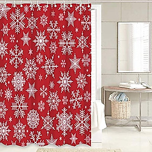 GRIEKOWE 4 Pcs Shower Curtain Set Christmas Snowflake Red Winter Xmas with Non-Slip Rugs Toilet Lid Cover and Bath Mat Bathroom Decor Set, Screen Full of Small Snowflakes 72" x 72" in