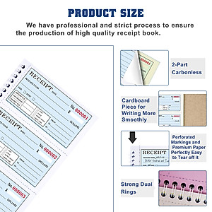 Zzrywuty Money and Rent Receipt Book with Cardboard Insert, 2-Part Carbonless, 5.32”x11.23” Spiral Bound, 200 Sets per Book, 4 Receipts per Page for Office Supplier, Rent and Cash Transaction