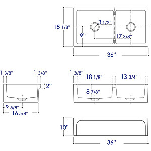 ALFI brand AB3618ARCH-B Arched Apron Thick Wall Fireclay Double Bowl Farm Sink, 36", Biscuit