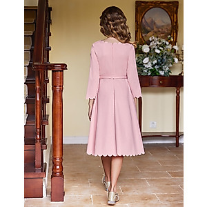 Arshiner Big Girls Dresses 3/4 Sleeve Scalloped Edge A-line Belted Banquet Dress with Pockets（Pink，13-14Years）