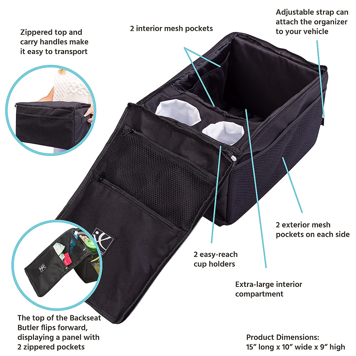 J.L. Childress Backseat Butler Car Seat Organizer - Cup Holders and Storage for Front, Back, Passenger Seats, Trunk - Travel Roadtrip Organization - Extra Large Size - 10 Pockets - Black