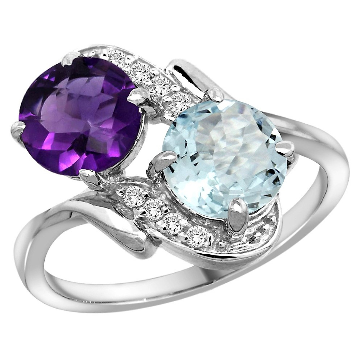 14k White Gold Diamond Natural Amethyst & Aquamarine Mother's Ring Round 7mm, size 8