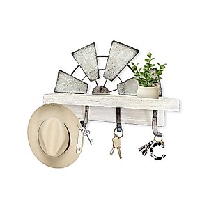 Rooty Heart Windmill Key Holder Wall Mount, Decorative Wall Mounted Key and Mail Holder with Shelf, Wall Decor, Farmhouse Wall Decor, 4 Rustic Key Hooks for Coats & Keys, White Key Holder for Wall