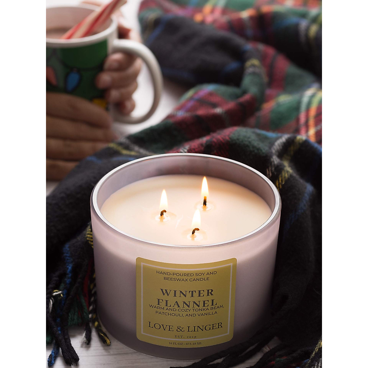 Winter Candles | Flannel Candle | Luxury Soy & Beeswax Candles for Home | 16 oz. Large Jar 3 Wick Candle | Holiday Candles | Christmas Candles | Winter Scented Candles