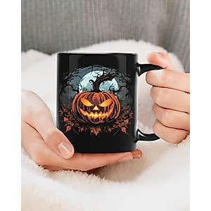 ATMTEE Halloween Night With Haunted Tree and Pumpkins Black Mug 11oz, Funny Gifts for Mens, Womens, Kids (11oz, Black)