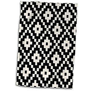 3dRose 15x22 Hand Towel, Aztec block pattern in black and cream color