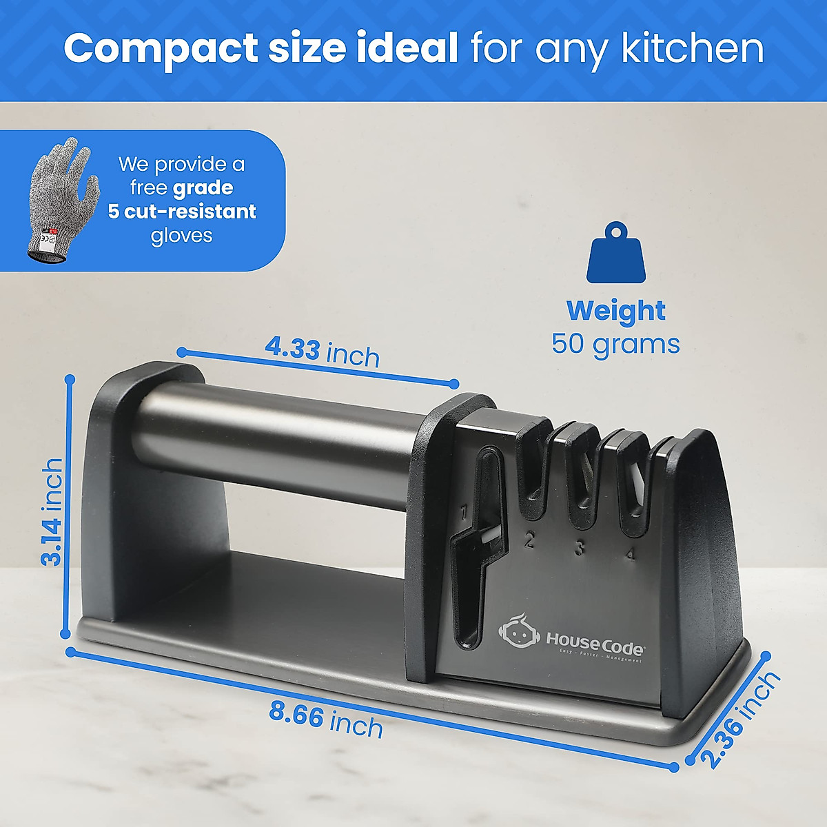 HouseCode Premium TITANIUM Knife Sharpener, 4 in 1 Knife Sharpening with Cut-Resistant Glove, Ergonomic Handle - Sharpen and Polish Kitchen Knives and Scissors, Non-Slip Base for Safe Sharpening (9")