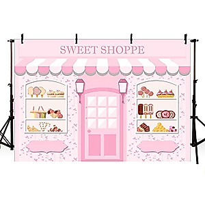 MEHOFOND Pink Sweet Shoppe Backdrop Dessert Parlor for Girls Birthday Photography Background Kids Party Banner Baby Shower Donut Ice Cream Cake Table Decor Photoshoot Studio Props 7x5ft