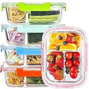 Glass Food Storage Containers 3 Compartment with Lids (5 Pack, 34oz), Divided Glass Meal Prep Containers for Lunch at Work, Leak-Proof Portion Control Food Containers, Microwave/Dishwasher Safe