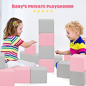 TRENDBOX 6 Pcs Toddler Foam Blocks, 5.5inch Soft Foam Cubes Blocks with Detachable Washable Cover, Soft Play Blocks for Toddlers and Kid （Light Gray/Pink）…