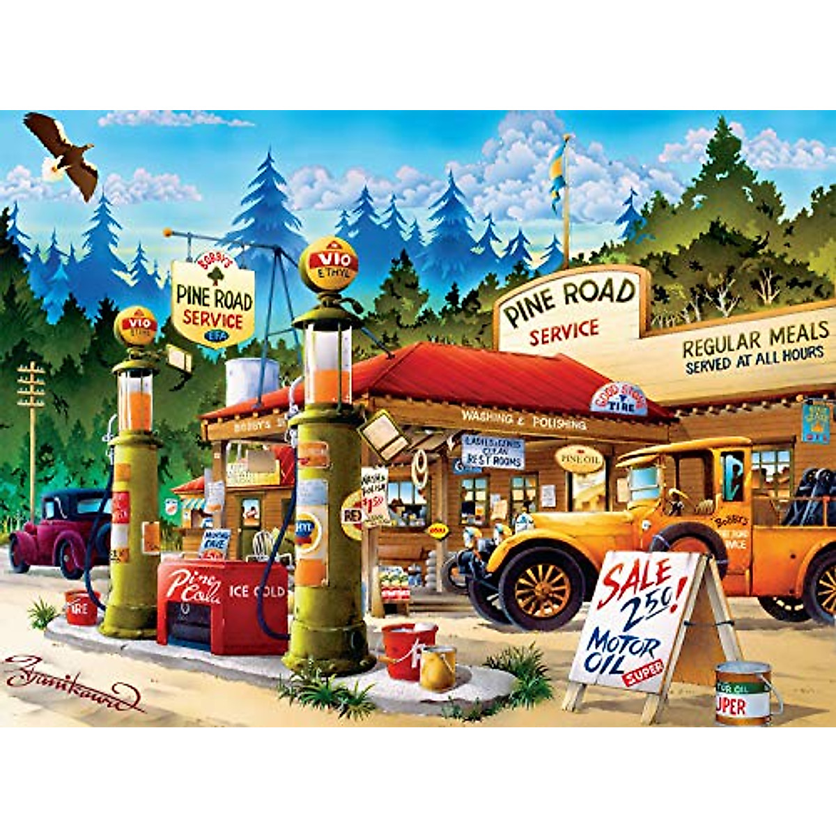Buffalo Games - Cartoon World - Pine Road Service - 1000 Piece Jigsaw Puzzle Red, Brown, Green, Yellow, 26.75"L X 19.75"W