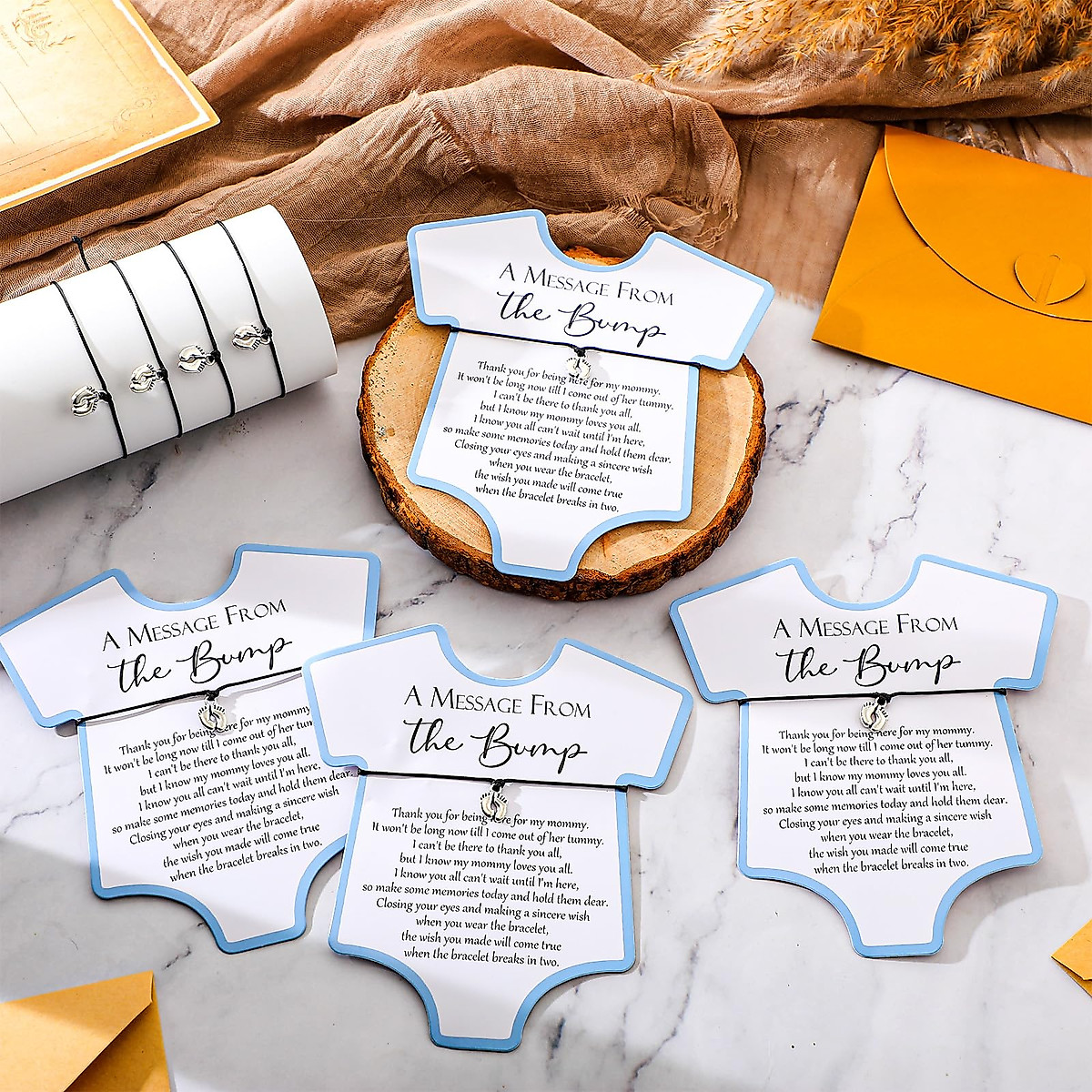 Henoyso 25 Sets Baby Shower Favors for Guests Baby Shower Bracelets Party Favors Adjustable Bracelet Message from the Bump Card Bracelets Footprints Charm for Gender Reveal Thank You Gifts(Blue)