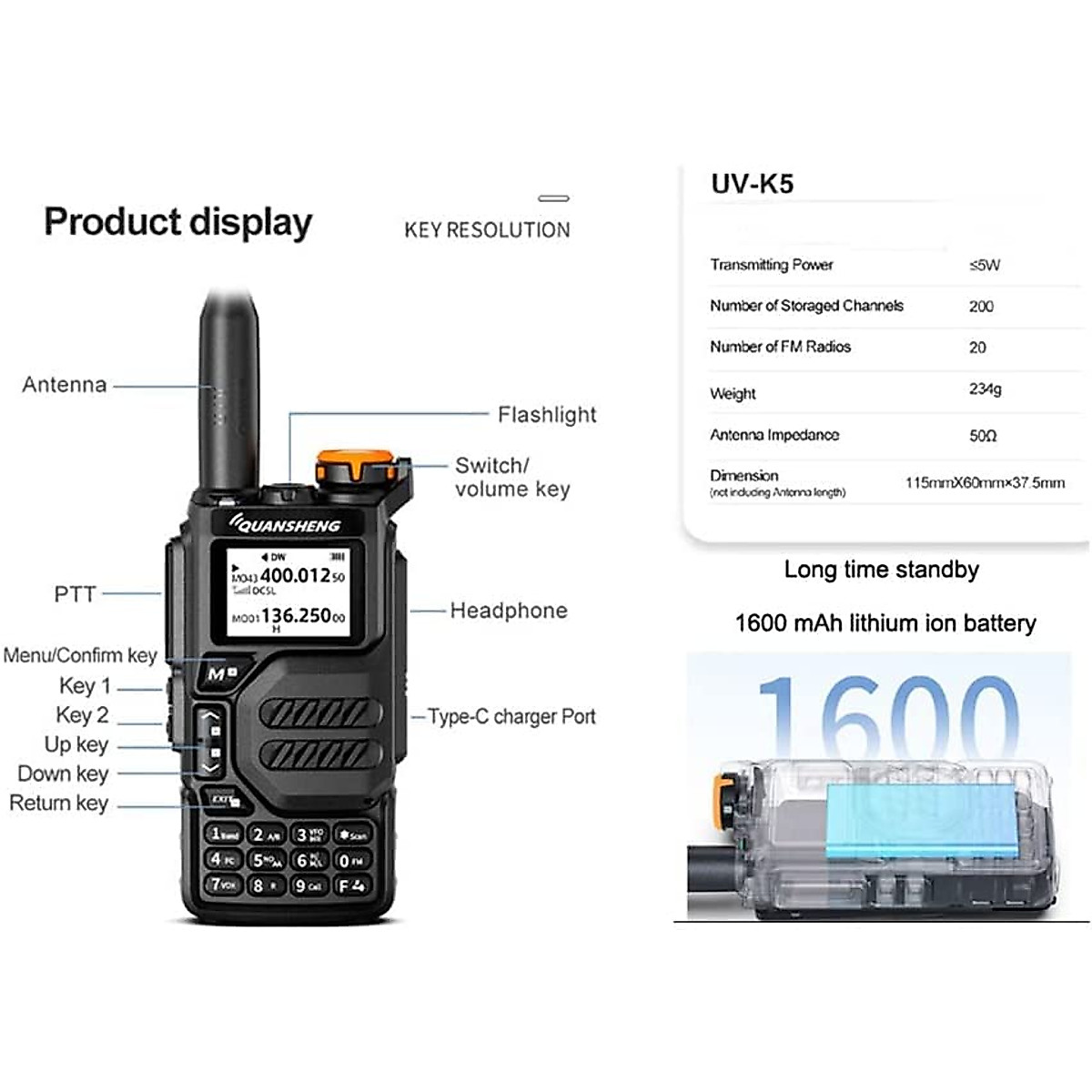 UV-K5 Dual Band Radio 5 Watt Output Portable Two-Way Radio with NOAA Weather Alert Walkie Talki FM (1pc)