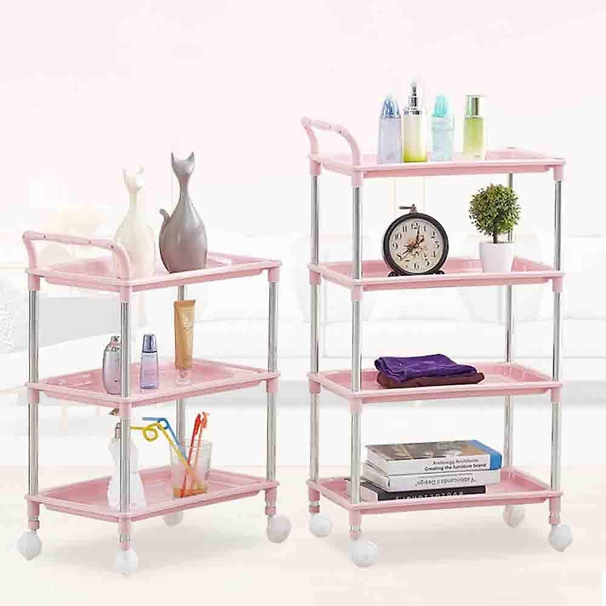 YGCBL Multifunction Portable Hand Trucks,Trolleyserving Trolley Cart Abs Plastic Universal Wheel 4 Tier Drain Moisture Lightweight Armrest Balcony, Load 18 Kg, 3 Colors,Beige