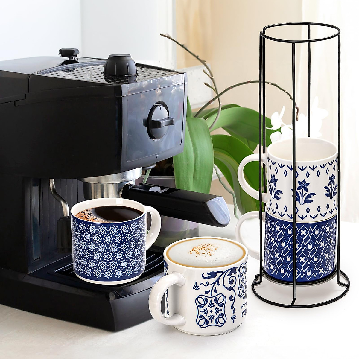 Eorbow 4 Pack Ceramic Coffee Mug Set with Rack, 16 OZ Stackable Cappuccino Cups with Metal Stand, Blue and White Porcelain Tea Mugs for Latte, Americano, Milk, Hot Cocoa, Beverages, Microwave Safe