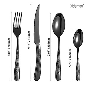 Xideman 16-Piece ​Modern Black Hammered Silverware Set with Ultra Sharp 2-IN-1 Serrated Knive, 18/10 Stainless Steel Flatware Set, Titanium ​Plated Cutlery Set Service for 4, Reusable, Dishwasher Safe