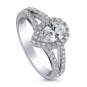 BERRICLE Sterling Silver Halo Wedding Engagement Rings Pear Cut Cubic Zirconia CZ Promise Split Shank Ring for Women, Rhodium Plated Size 5.5