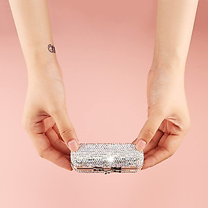 AsAlways Shiny Rhinestone Crystal Portable Lipstick Case with Mirror Portable Bling Diamonds Makeup Cosmetic Storage Holder for Travel Ladies Fashion(Silver)