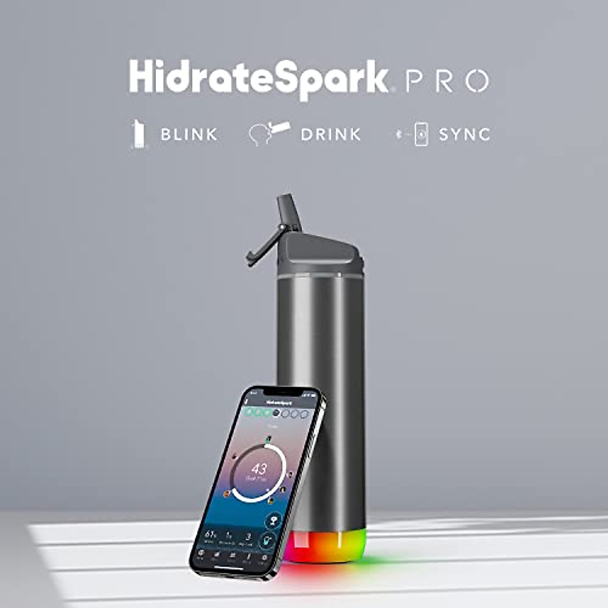 Hidrate Spark PRO Smart Water Bottle – Insulated Stainless Steel – Tracks Water Intake with Bluetooth, LED Glow Reminder When You Need to Drink – Straw Lid, 21oz, Brushed Steel