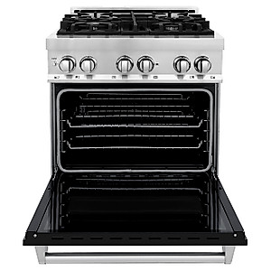 ZLINE 30 in. 4.0 cu. ft. Legacy Dual Fuel Range with 4 Burner Gas Cooktop and Electric Convection Oven in Stainless Steel and Black Matte Door (RA-BLM-30)