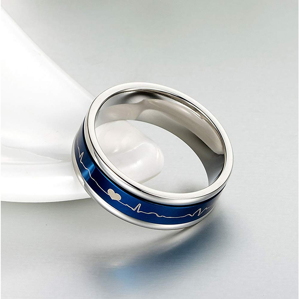 HIJONES Unisex 7MM Love ECG Heartbeat Spinner Ring Stainless Steel Wedding Promise Band Blue Size 8