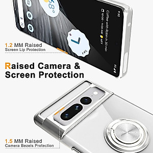 Tnarru Clear Compatible with Google Pixel 7 Pro Case with Magnetic Ring Holder Kickstand [Non-Yellowing] Transparent TPU Slim Thin Shockproof Protection Pixel 7 Pro Phone Case -Silver