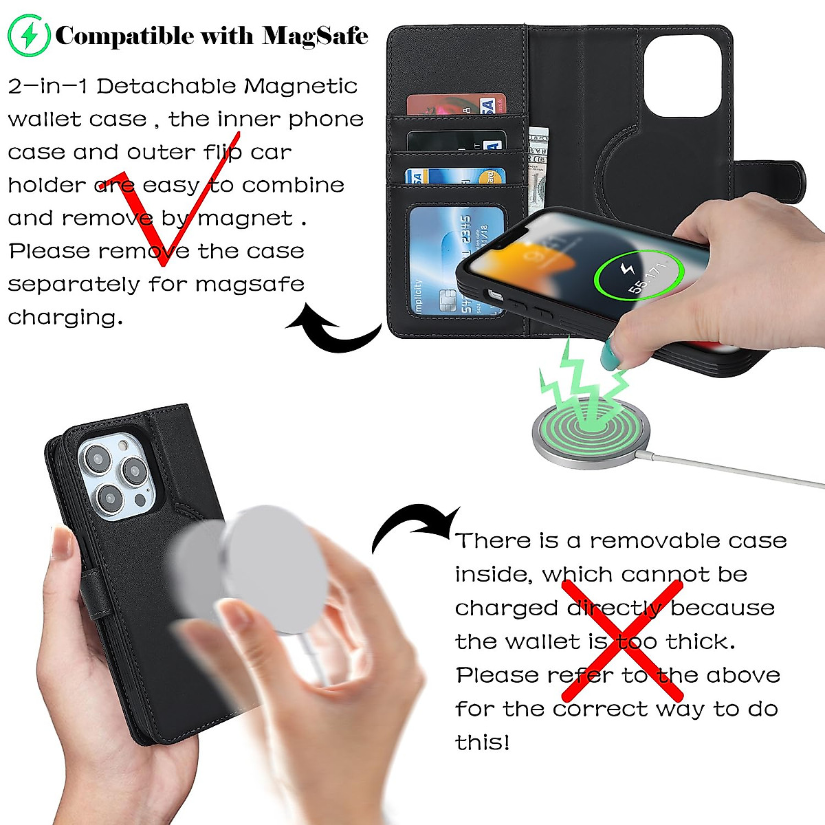 Ｈａｖａｙａ for iPhone 12 Wallet case iPhone 12 case with Card Holder Detachable Magnetic mgasafe Phone case iPhone 12 pro case letaher flip Cover-Black