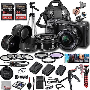 Sony a6400 Mirrorless Camera with 16-50mm Lens, 128GB Extreem Speed Memory,.43 Wide Angle & 2X Lenses, Case,Tripod, Filters, Hood, Grip,Spare Battery & Charger,Editing Software Kit -Deluxe Bundle