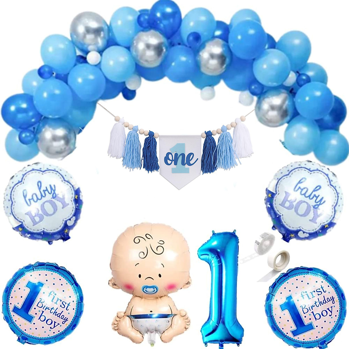 Blue Tassel 1st Birthday High Chair Banner - First Birthday Decorations For Boys,Cake Smash Party Highchair Banner,Yarn Tassel One Birthday Banner,Blue Yarn Tassel Garland Photo Prop