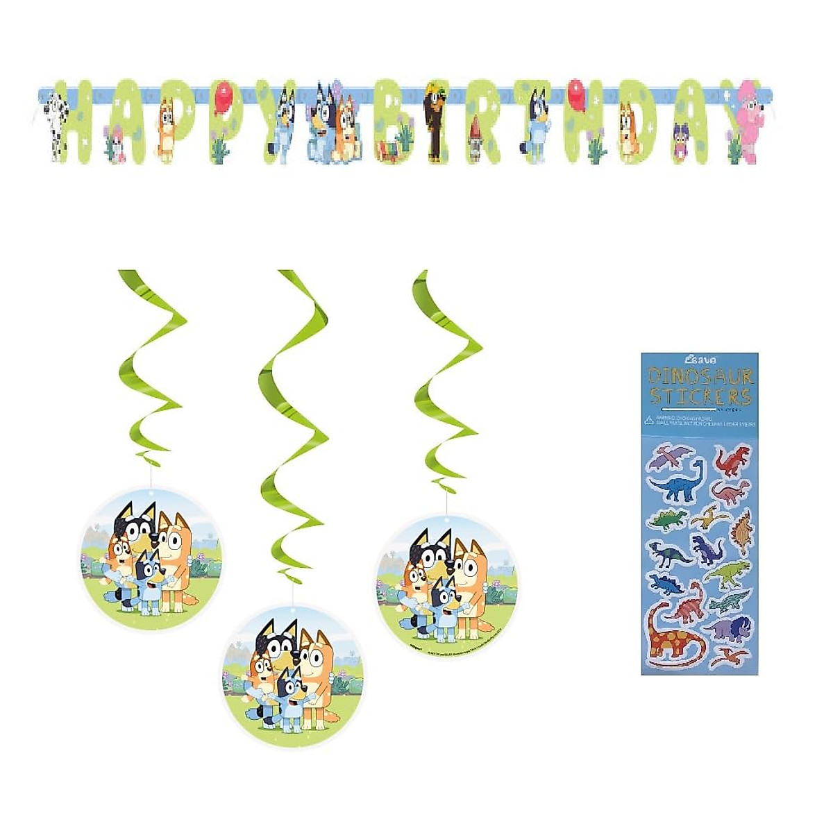 Bluey Birthday Party Supplies Bundle includes 1 Happy Birthday Banner , 3 Hanging Swirl Decorations, 1 Dinosaur Sticker Sheet