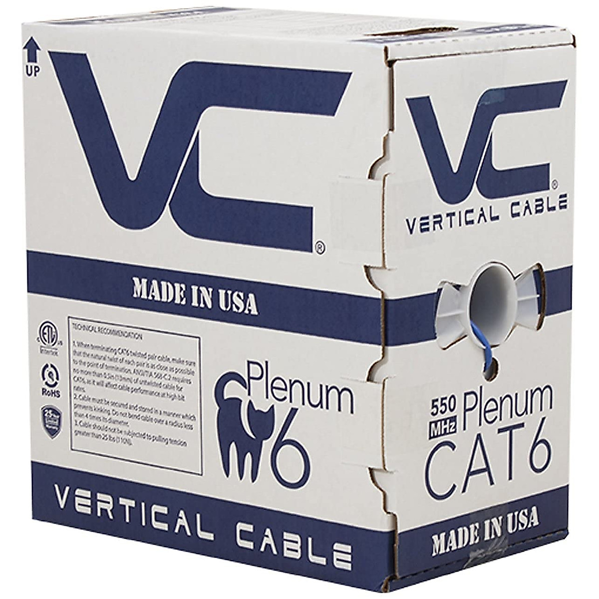 Vertical Cable CAT6, 550 MHz, UTP, 23AWG, 8C Solid Bare Copper, Plenum, 1000ft, Bulk Ethernet Cable - Made in USA, Blue