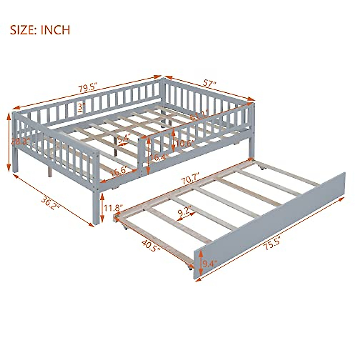 P PURLOVE Full Daybed with Trundle, Daybed Frame with Fence Guardrails, Wood Daybed for Boys, Girls and Young Teens, No Box Spring Needed (Gray)
