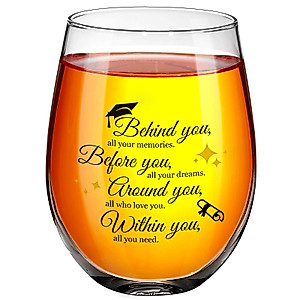 Patelai 2024 Inspirational Graduation Gift for Him or Her, Behind You All Memories Before You All Your Dream Stemless Wine Glass for 2024 College Graduate, 17 oz Wine Glass for Graduation Birthday