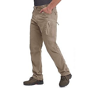 TACVASEN Men's Quick-Dry Pants Water-Resistant 8 Pockets Ripstop Hiking Pants Khaki, 32