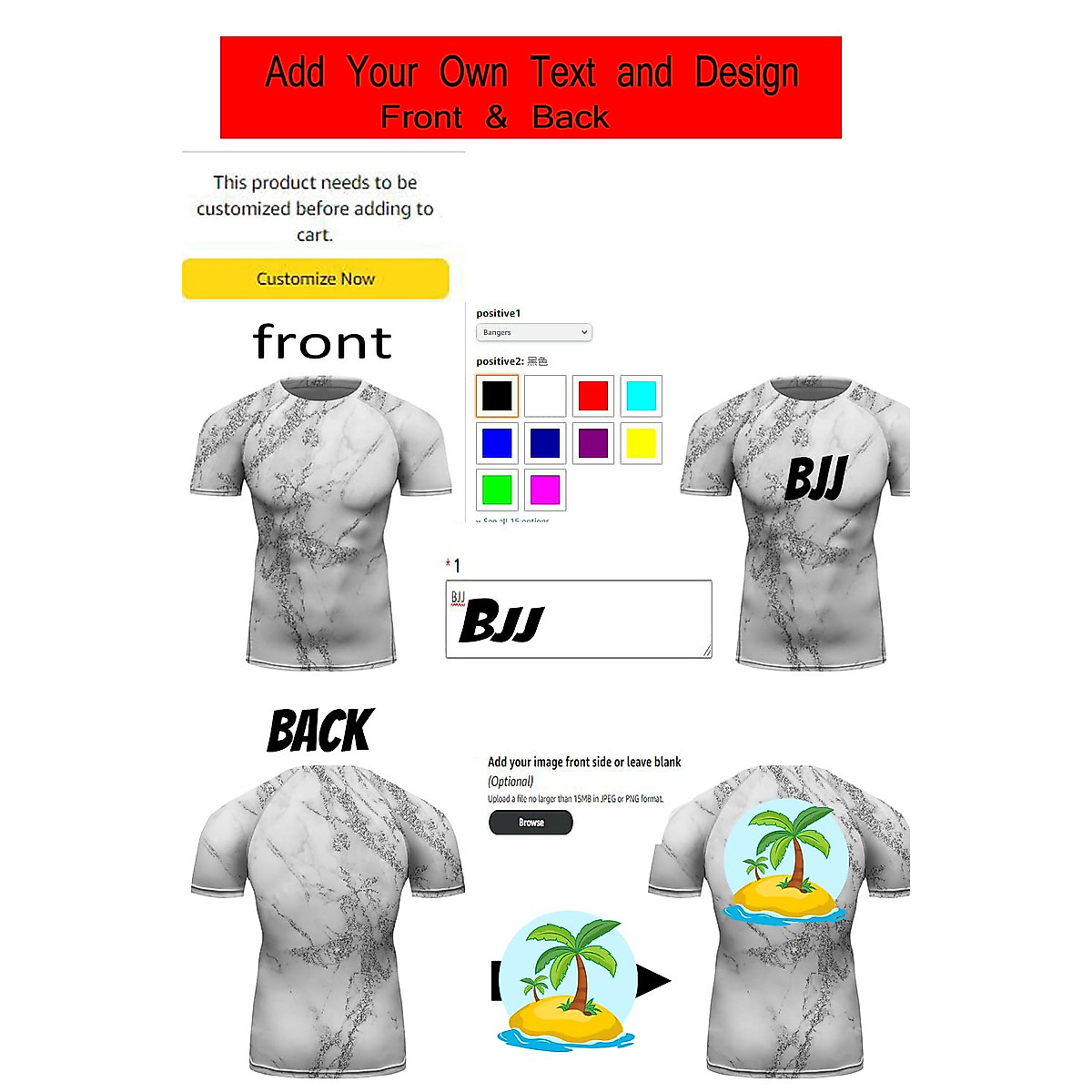 Jiu Jitsu BJJ Rash Guard—Design Your Own Compression Trainning Top Front & Back Add Your Text Blue Marble