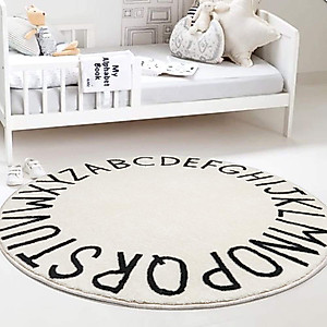 SHACOS Ultra Soft Round ABC Rug 4 Ft Alphabet Rug for Kids Room Play Rug Baby Nursery Rug Educational Playroom Carpet Classroom Rug (4 ft, Beige)