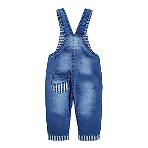 KIDSCOOL SPACE Baby Boys Easy Diaper Changing Snap Legs Bib Pocket Patched Denim Overalls,Blue,18-24 Months