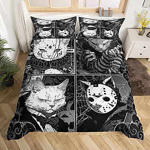 Cat Illustration Duvet Cover Queen Size,Cartoon Cat Comforter Cover with 2 Pillowcase for Teens Adults,Kids Horror Style Bedding Set,Halloween Breathable 3 Pcs Decorative Bed Cover(No Comforter)