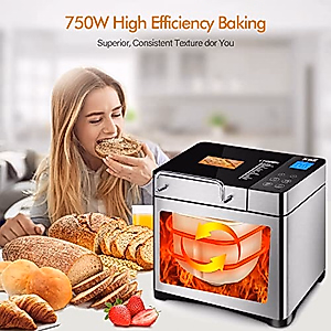 KBS Large 17-in-1 Bread Machine, 2LB All Stainless Steel Bread Maker with Auto Fruit Nut Dispenser, Nonstick Ceramic Pan, Full Touch Panel Tempered Glass, Reserve& Keep Warm Set, Oven Mitt and Recipes