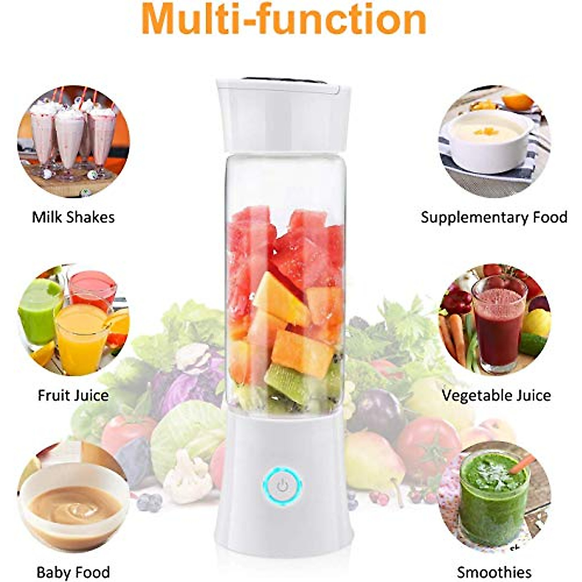 Portable Personal Blender, Household Juicer fruit shake Mixer -Six Blades, BPA Free 480ml Baby cooking machine with USB Charger Cable (blue)