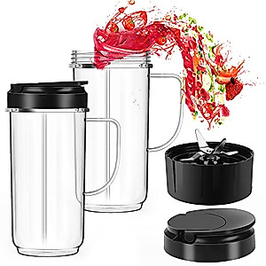 2 Pack Magic Bullet Blender Cups,Tall 22oz Cups Mugs Flip Top To-Go Lids & 4 Fins Cross Blade with Gasket Handle Replacement Part Compatible Magic Bullet Blender Juicer Mixer Accessories 250W MB1001