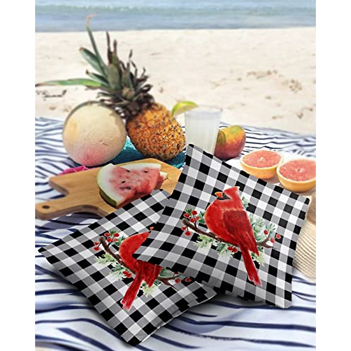 Vandarllin Outdoor Throw Pillows Covers 20X20 Set of 2 Waterproof Red Cardinals Decorative Zippered Lumbar Cushion Covers for Patio Furniture, White Black Buffalo Check Plaid