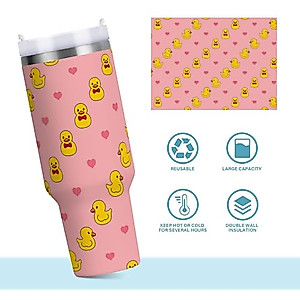 Caikeny Insulated Tumblers with Lid and Straw Ducks Hearts 30 oz Reusable Stainless Steel Cup Yellow Water Bottle Coffee Travel Tumbler Mug for Women Men
