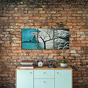 iKNOW FOTO 3pcs Grey and Teal Canvas Wall Art Abstract Cloud Tree Pictures Contemporary Landscape Giclee Artwork Painting Decorative Panels for Walls Bathroom Master Bedroom Decor 12x16inchx3pcs