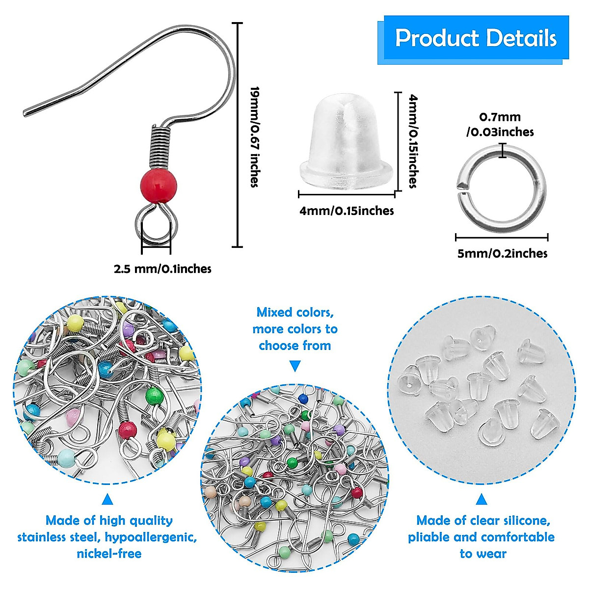 600Pcs Earring Hooks for Jewelry Making Stainless Steel French Earring Hooks Hypoallergenic Ear Wires Colorful Fish Hook Earrings with Earring Backs and Jump Rings for DIY Earring Making Supplies Kit